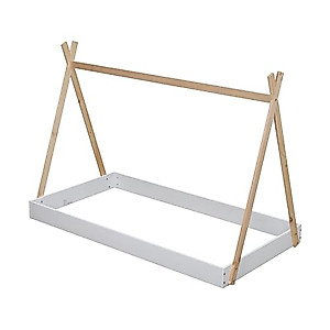 CABSETT Teepee Bed Frame for Kids, Twin Size Tent Floor Bed with Triangle Structure, Floor Platform Bed with X-Shaped Safety Railings, White+Natural