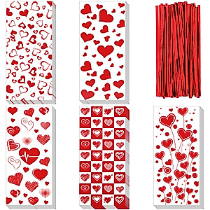 Zonon 125 Pieces Valentine Candy Bags Valentine Cellophane Bags Valentines Favor Treat Goodies Bags with 200 Pieces Twist Ties for Valentine Party Supplies