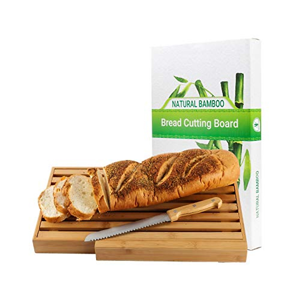 Bamboo Land- Large Bamboo Bread Board with Large Bread Knife and Crumb Catcher, Bread Cutting Board, Bread Boards Wooden, Bread Tray, Bread Cutting Board with Crumb Catcher, Tray to Cut Homemade Bread