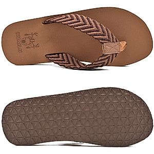KuaiLu Men's Yoga Mat Leather Flip Flops Thong Sandals with Arch Support Khaki Brown Size 10