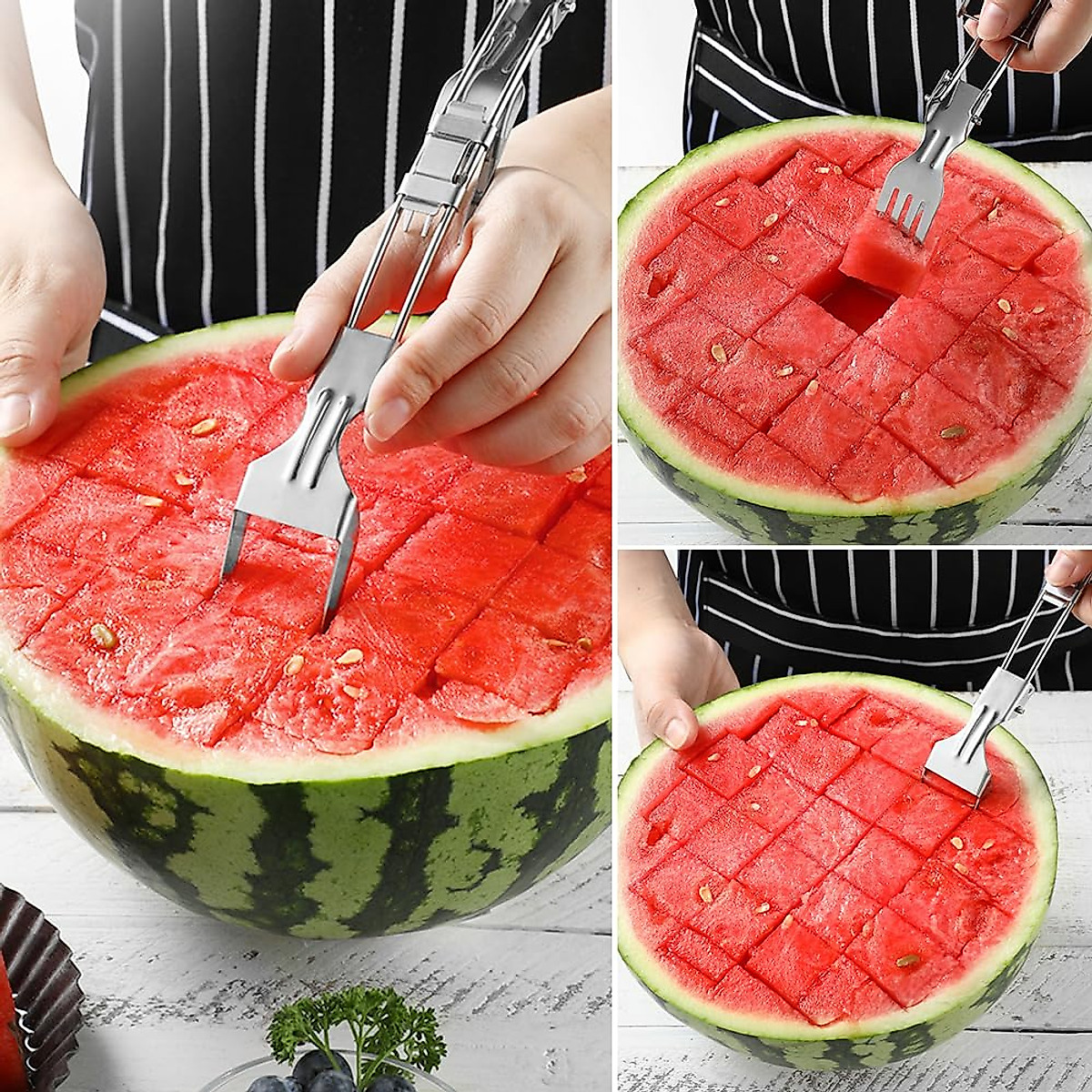 Foldable 2 In 1 Stainless Steel Fruit Cutter, 2024 Upgrated Watermelon Windmill Cutter Slicer Tool for Melon Cube, Multifunctional Fruit Fork Watermelon Cutter Knife for Kitchen Gadgets (2)