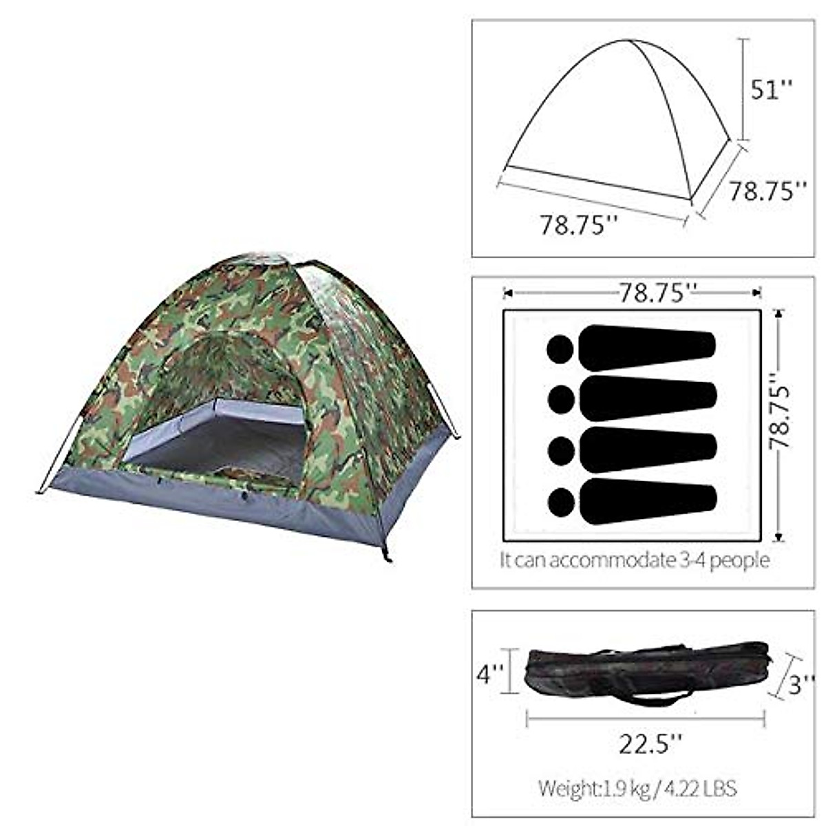 3-4 Person Camping Tent Waterproof Pop-Up Outdoor Sports Tent with Carrying Bag UV Protect Sun Shelter Army Camouflage Print for Outdoor Travel Picnic Hiking Climbing Fishing