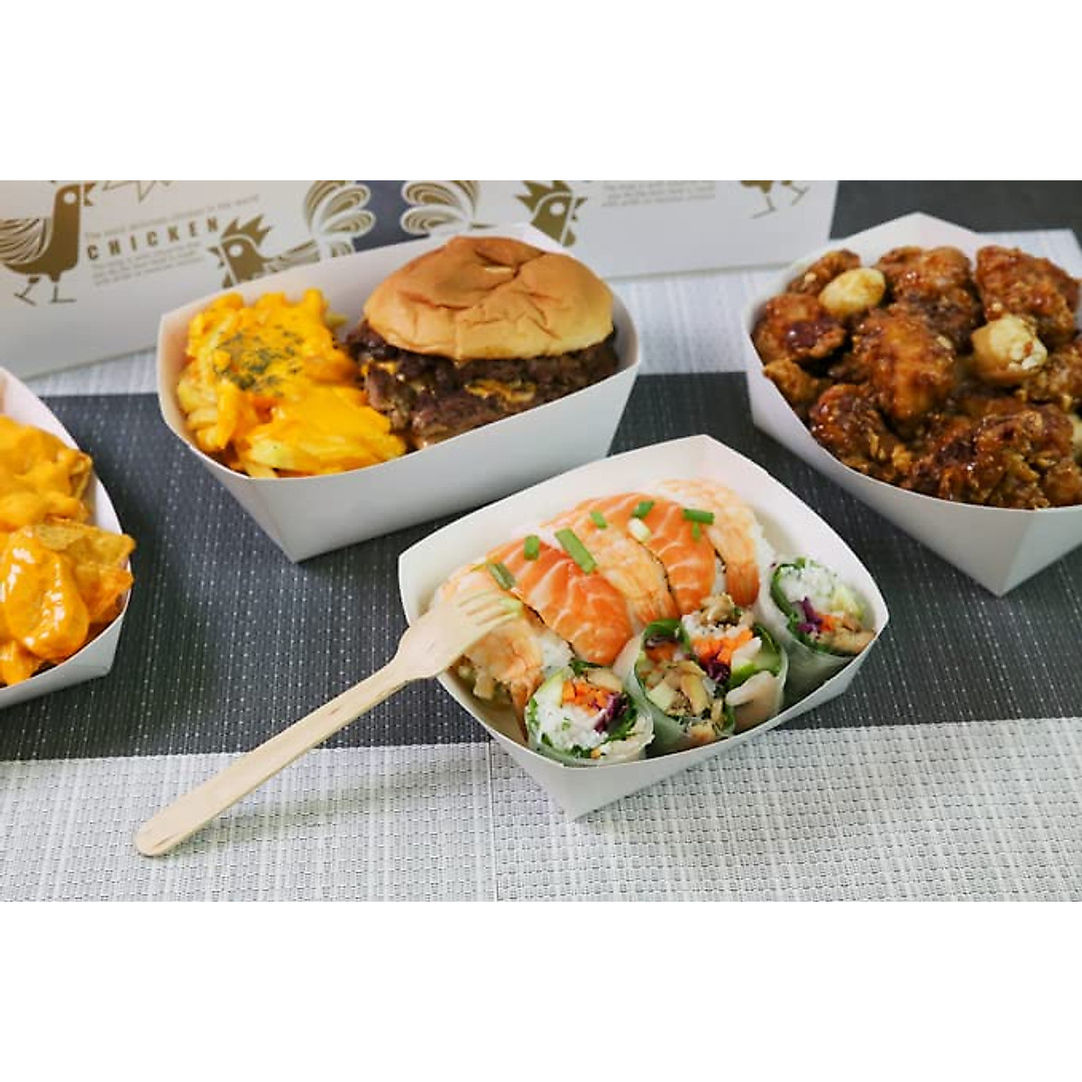 FEXTA Paper Food Serving Tray No.3 - (50 Pack) Disposable Boats Eco Friendly Hot Dog Nacho Cheese Ball Pilaf Pasta Chicken Trays Baskets for Restaurant Fast Food Party