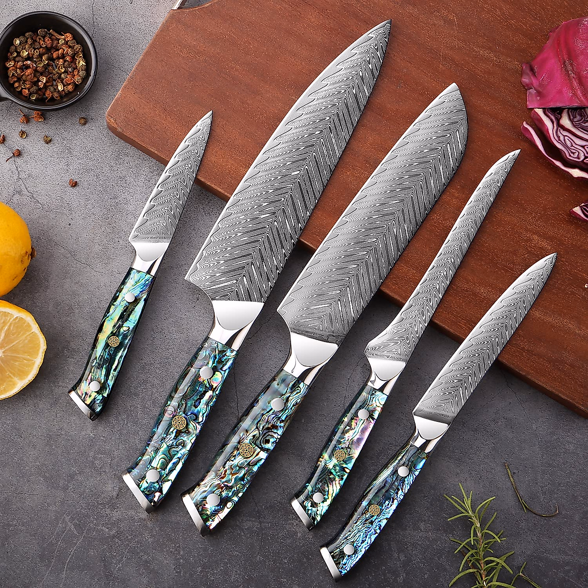 SENKEN Damascus Steel Kitchen Knife Set - Umi Collection - 67-Layer Japanese VG10 Steel, Real Deep-Sea Abalone Shell Handle, Chef's Knife, Santoku, Paring, Fillet, Utility (5-Piece Damascus Knife Set)