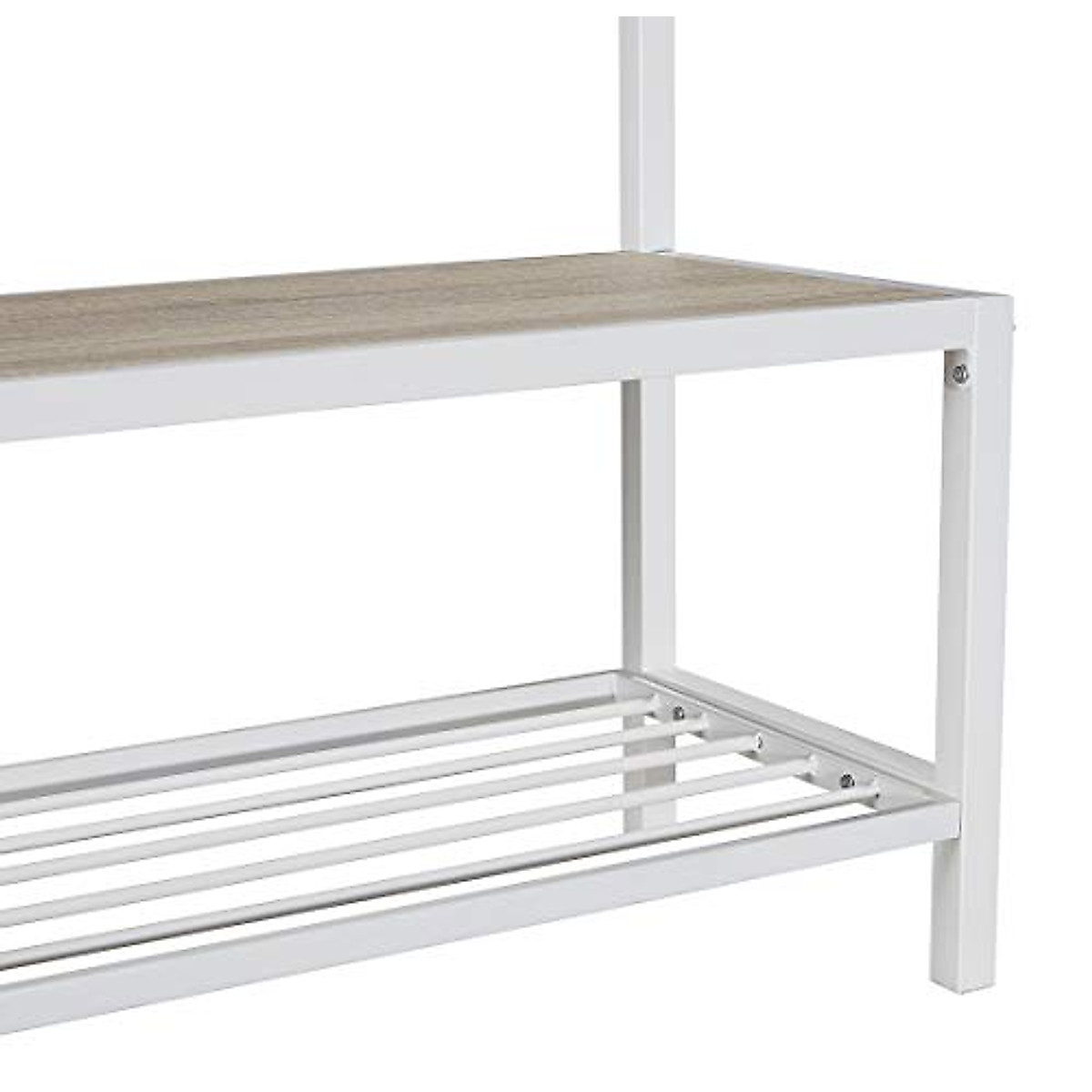 HOMISSUE Modern Style 2 Shelf Hall Tree with Storage Bench, Light Oak Bench and Lower Shelf with White Steel Frame, Entryway Shoe Rack with 5 Hooks for Garments