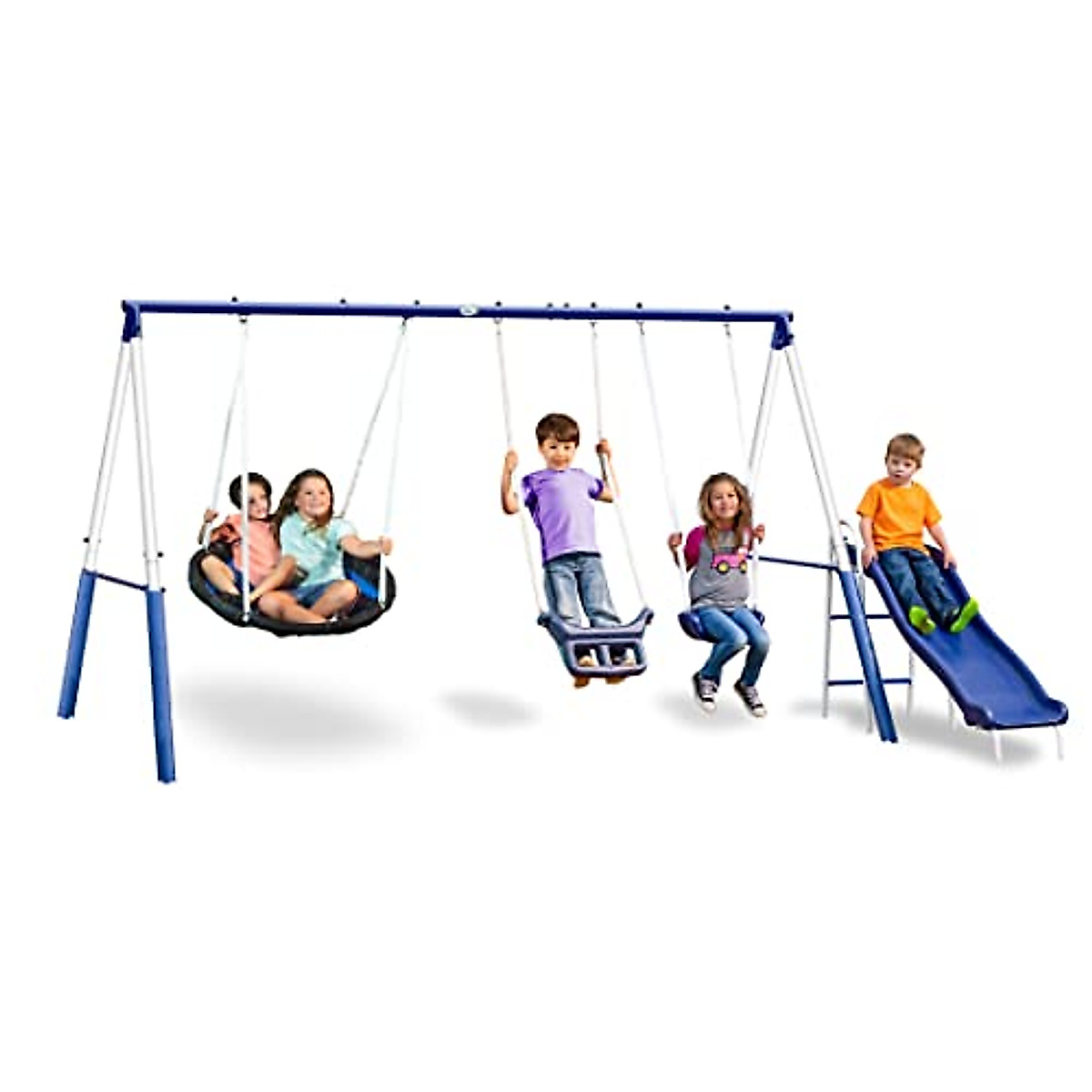 XDP Recreation Swingin' More Fun - Outdoor Backyard Playground Kids Swing Set. White/Blue & XDP Recreation 70113 Swing Set, Trampoline & Patio Furniture Metal Ground Anchor Kit Hardware, Bronze