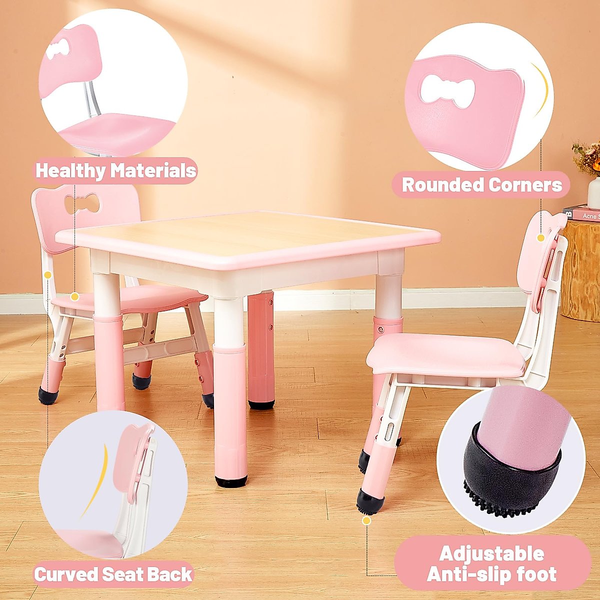 FUNLIO Kids Table and 2 Chairs Set, Height Adjustable Toddler Table and Chair Set for Ages 3-8, Easy to Wipe Arts & Crafts Table, for Classrooms/Daycares/Homes, CPC & CE Approved (3pcs Set) - Pink