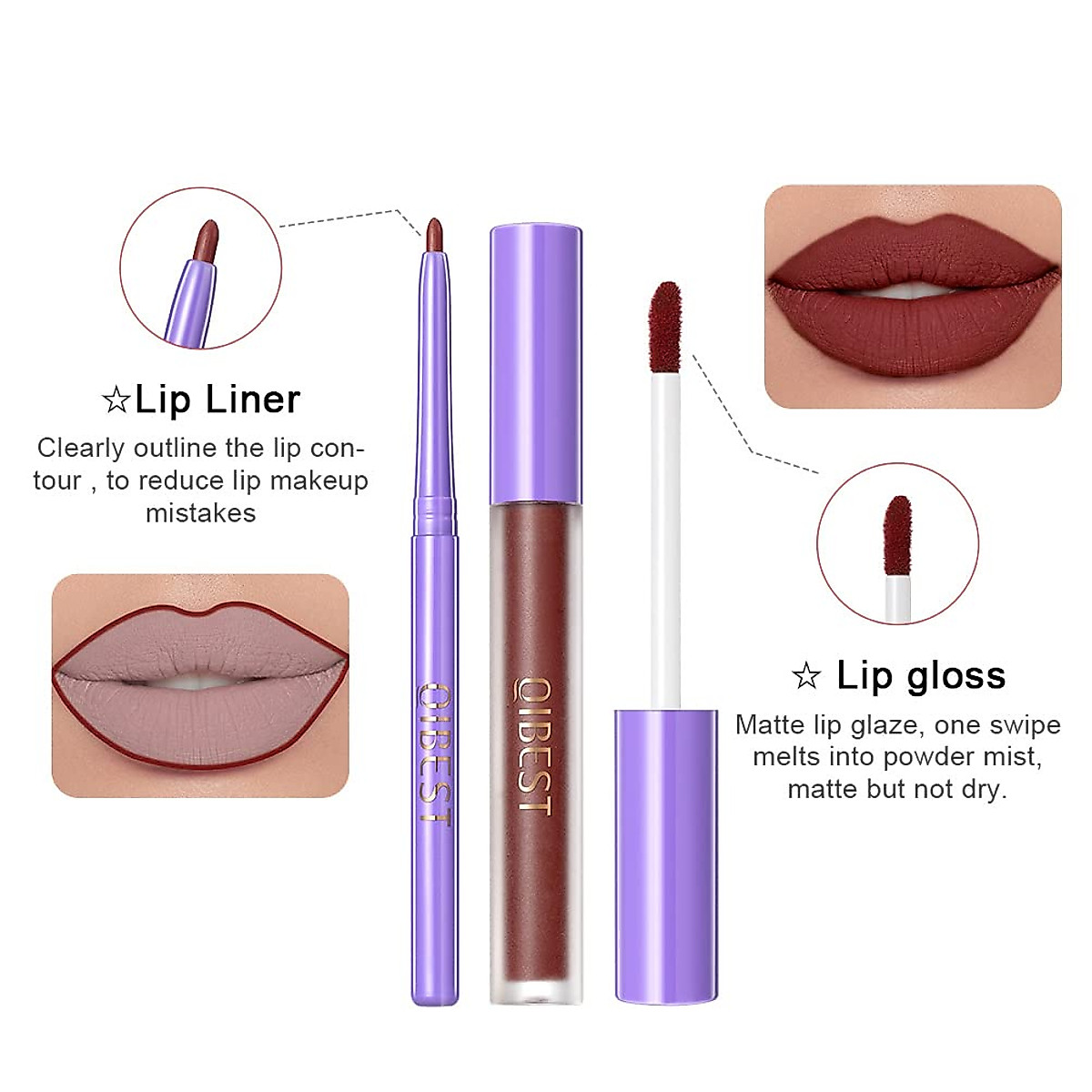 Easilydays 2 Pcs Halloween Dark Matte Liquid Lipstick + Lip Liner Pens Sets, 8 Colors High Pigmented Goth Sexy & Bold Lip Gloss, 24H Waterproof Long-lasting Matte Lipstick , Non-Stick Cup Velvety Lip Makeup for Women (Purple)