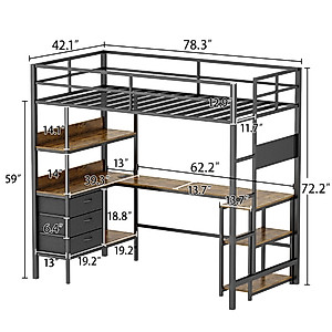 Loft Bed with Desk, Metal Loft Bed Twin Size with LED Lights and Charging Station, 6 Storage Shelves and 3 Fabric Drawers, Modern Bunk Bed with Desk for Teens and Adults, No Box Spring Needed (Black)