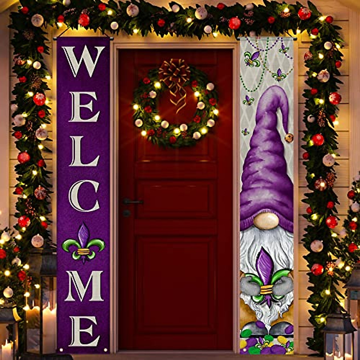 Mardi Gras Porch Banners Welcome Masquerade Gnome Door Banner with Gnome Fleur De Lis Pattern New Orleans Carnival Hanging Banners Festive Home Decorations for Indoor Outdoor Supplies (Carnival Theme)