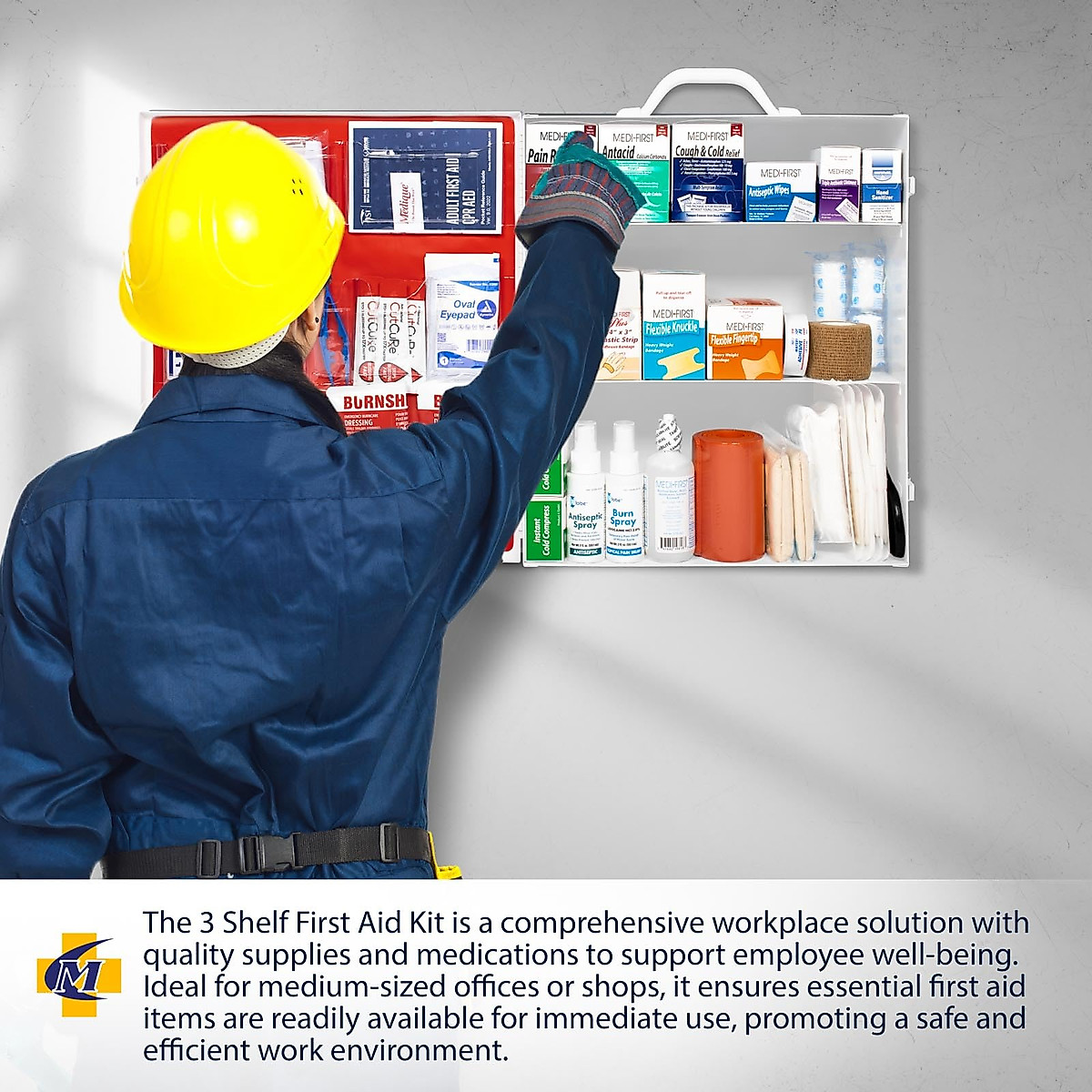 MFASCO 2021 ANSI/OSHA Compliant First Aid Kit - Large, Commercial 3-Shelf Metal Cabinet for Businesses, Wall Mountable - with Medications - ANSI Standard 2021 First Aid Kits, Class B Fill