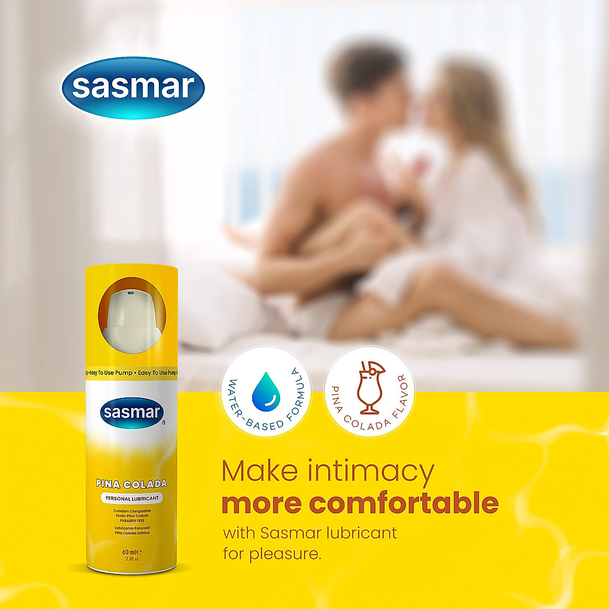 Sasmar Pina Colada Flavored Lubricant - Water-Based Personal Lube for Men, Women - Feels Natural, Long Lasting Formula, Paraben Free, Toy-Friendly and Condom Safe, Oral Lubricant for Couples - 60 ml