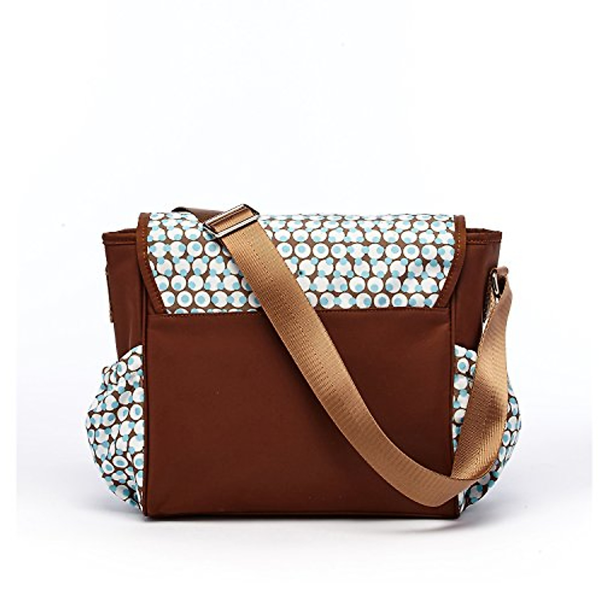 Diaper Bag Crossbody Baby Bag For Mom Turquoise Dots Brown Nylon Purse with Bottle Pockets For Travel Nappy Bag For Girls or Boys With Adjustable Wide Strap