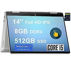 HP Pavilion X360 14 2-in-1 Laptop I 14” Full HD IPS Multi-Touch I 12th Gen Intel 10-Core i5-1235U I 8GB DDR4 512GB SSD I Backlit Fingerprint USB-C HDMI Office365 Win11Pro Silver + 32GB MicroSD Card
