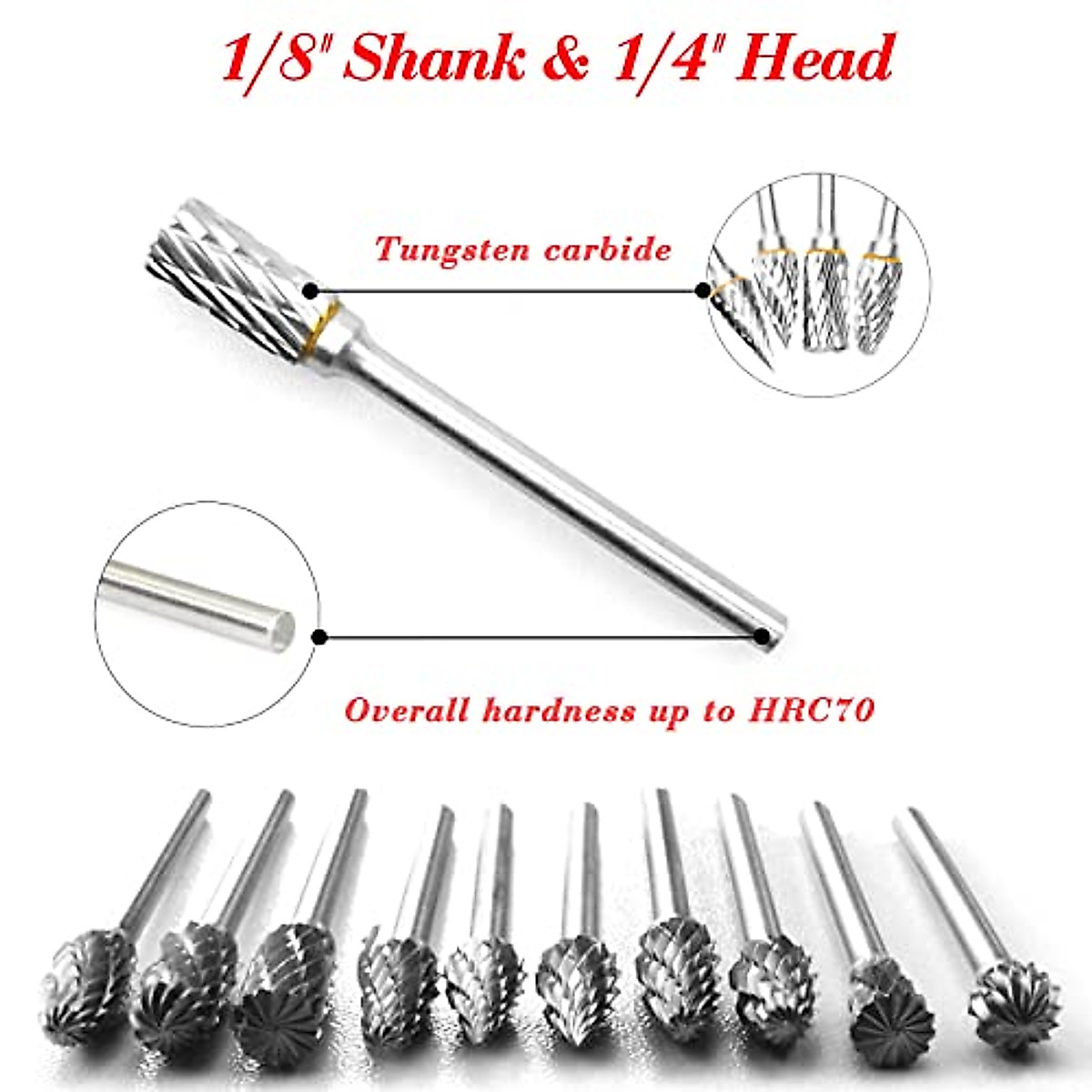 Carbide Rotary Burr Set - BIGOU 10PCS Double Cut Carving Burr Bits Tungsten Carbide 1/8" Shank 1/4" Grinding Head for DIY Carving Metal Polishing Engraving Drilling