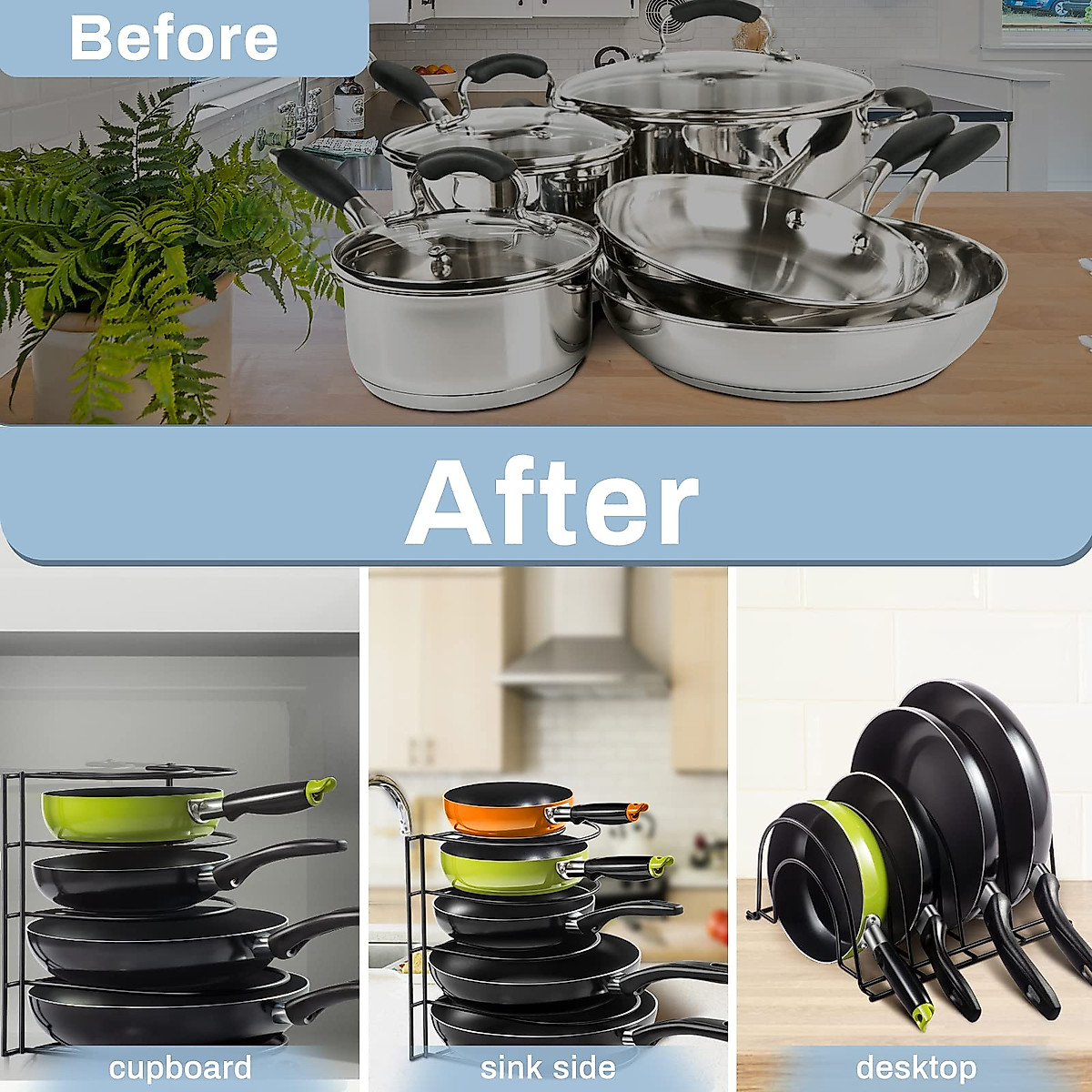 Almcmy Pan Organizer Rack,5 Tier Heavy Duty Pots and Pans Organizer,Pot Lid Organizer Rack for Kitchen Counter & Cabinet Storage and Organization,Send 3 PCS Silicone Cooking Spatulas&Cleaning Cloth