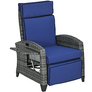 Outsunny Outdoor Recliner Chair with Adjustable Armrests, Footrest, PE Wicker Reclining Patio Lounge Chair with Cushions, Side Tray Table for Porch, Balcony, Dark Blue