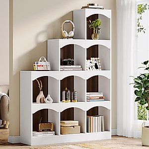 Tribesigns 9 Cubes Bookshelf, Modern 9-Cube Stepped Etagere Bookcase, L-Shaped Ladder Corner Open Bookshelf, Wood Storage Display Shelf for Living Room Home Office, White