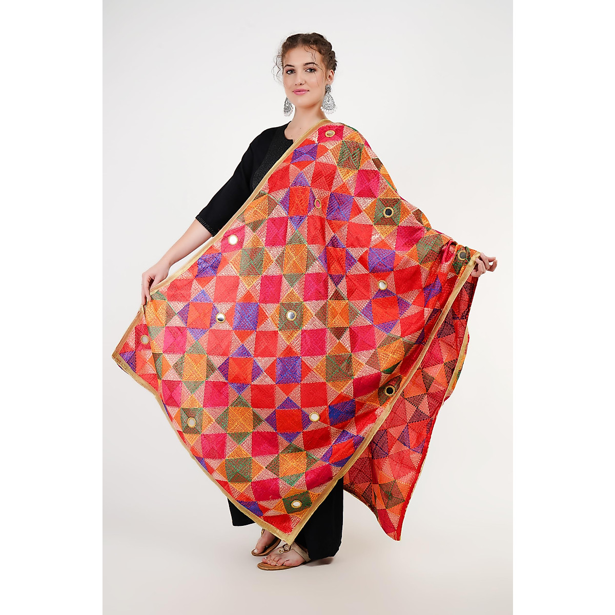 Phulkari Dupattas for Womens Hand Embroidered in Amritsar Punjabi Mirrors Fulkari Design