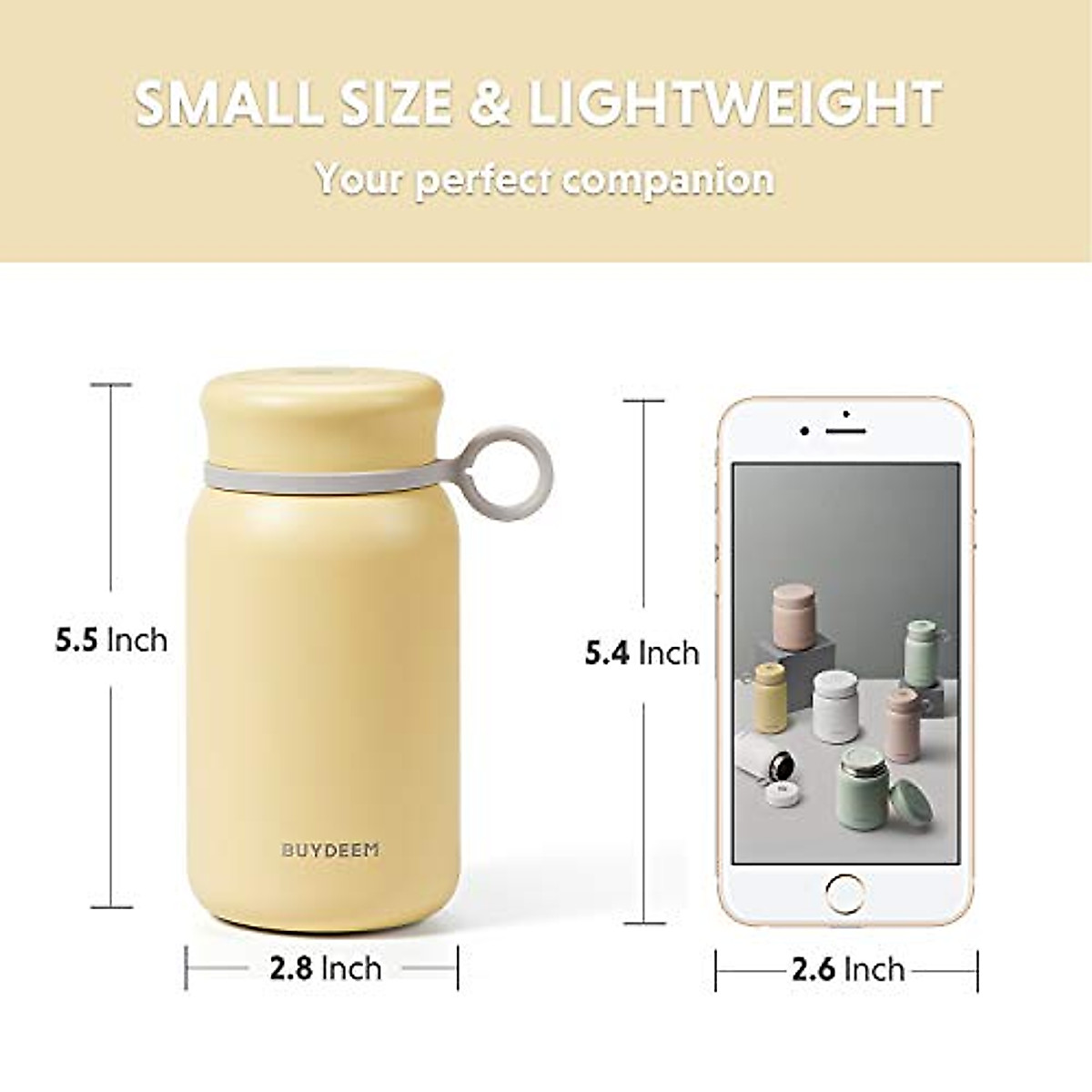 BUYDEEM Born for Girls & Ladies, CD13 Thermos Water Bottle Tumbler Flask, Cute Unique Design, Wide Mouth with Screw-on Lid, Stainless Steel Coffee Tea Travel Mug, Light Yellow