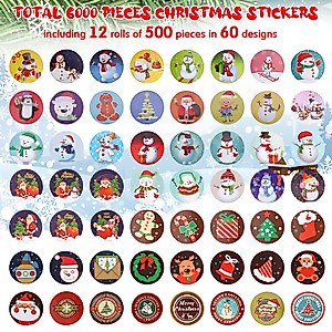 12 Rolls Merry Christmas Stickers Labels Roll 1 Inch 6000 Pcs 12 Designs Christmas Decorative Envelope Seals Stickers Merry Christmas Stickers Roll for Cards Envelopes Boxes, Round