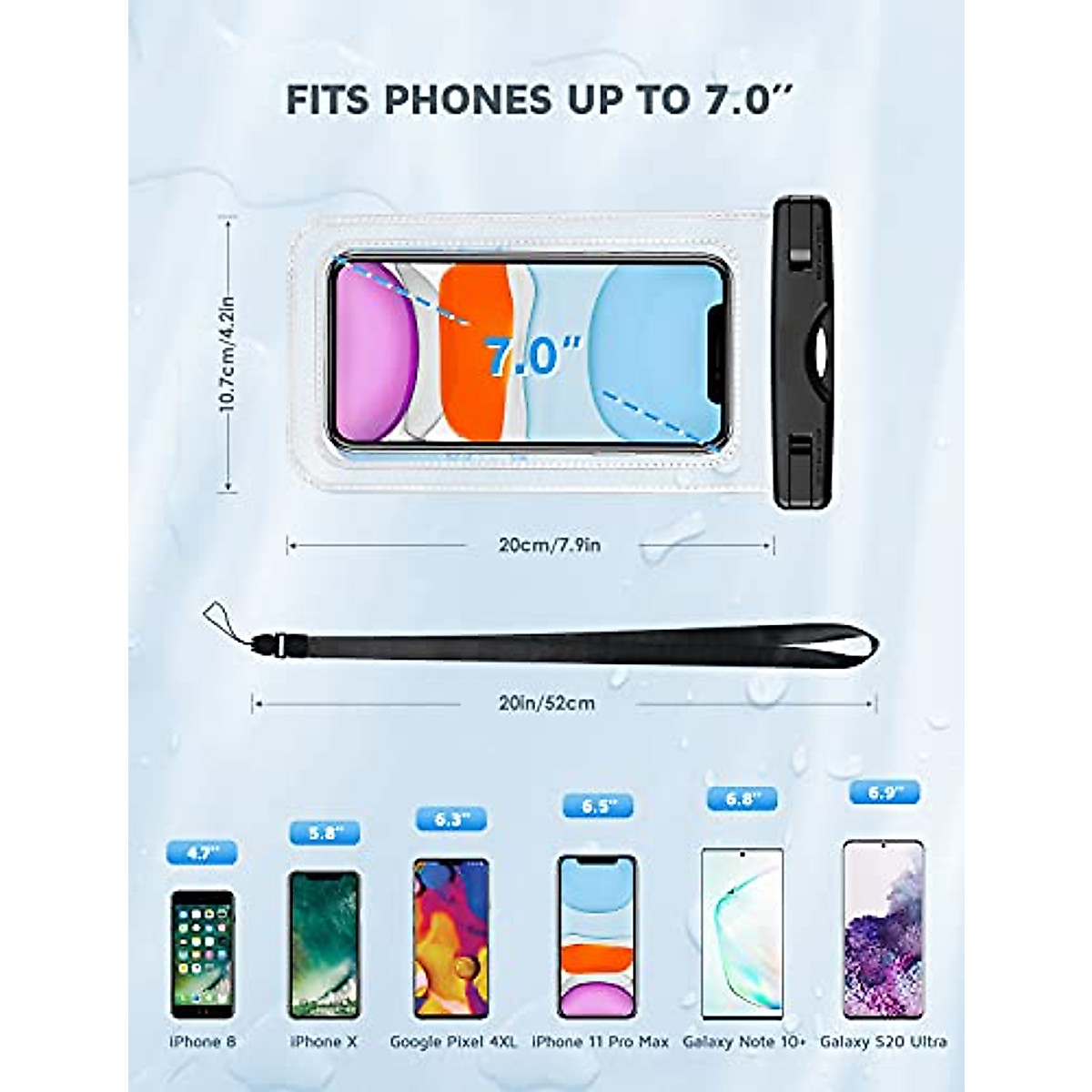 Waterproof Phone Pouch, 2 Pack Waterproof Case Underwater Cellphone Dry Bag, Compatible with iPhone13 12 Pro Max SE 11 Pro Max XS XR 8 7 Galaxy S20 S10 Google up to 7.0", with Lanyard for Swim Travel