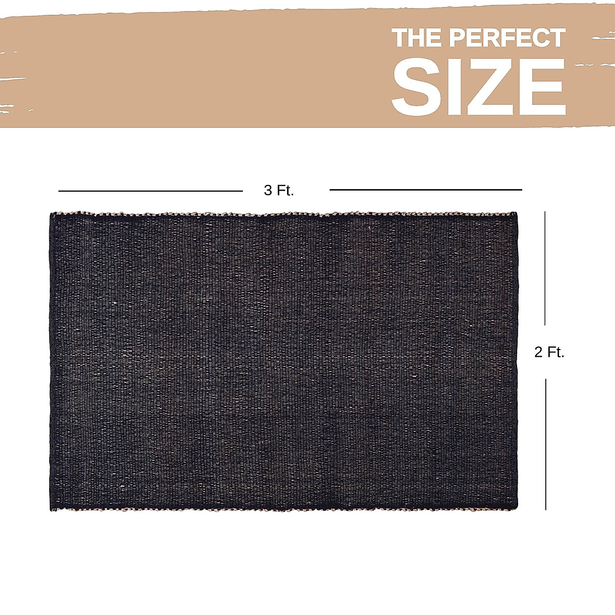 Black 2X3 Jute Rug Braided Rug - Earthy Farmhouse Solid Rug - Nautical Area Rug for Entryway or Kitchen, 2' x 3'