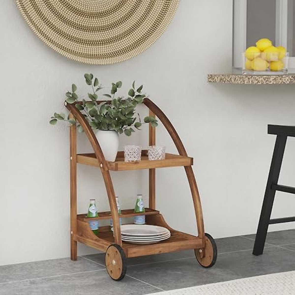 Linon Chandler Acorn Finished Acacia Wood Outdoor Bar Trolley with Three Bottle Glass Holders