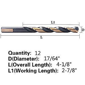 12 PCS 17/64" HSS Black and Gold Coated Twist Drill Bits, Metal Drill, Ideal for Drilling on mild Steel, Copper, Aluminum, Zinc Alloy etc. Pack in Plastic Bag