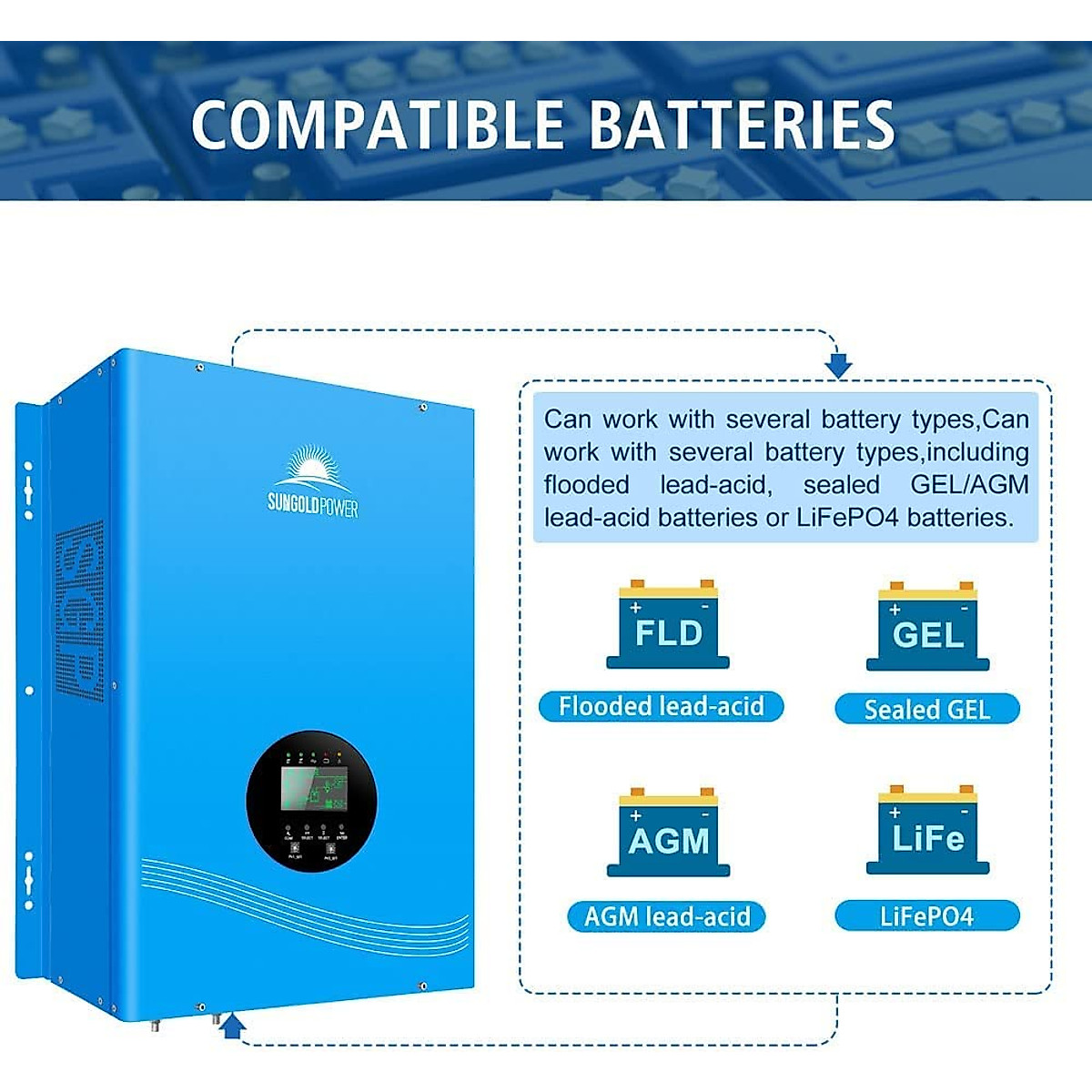 SUNGOLDPOWER UL 1741 12000W 48 Volt Solar Inverter Charger, 240V Input 120V/240V Output Split Phase, Pure Sine Wave, Low Frequency with 80A AC Charger, Two 60A MPPT Solar Chargers, Blue