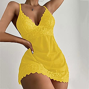 Babydoll Blouse Women's Knot Front Teddy Lingerie Floral Lace Bodysuit One Piece Babydoll Yellow
