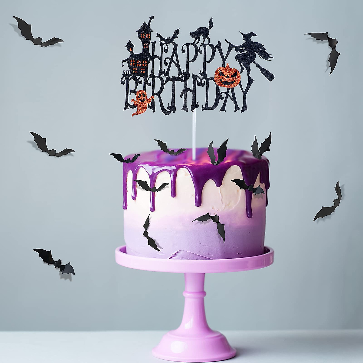 Halloween Happy Birthday Witch Cake Topper with 30 Pieces 3D Bats Cake Decoration Black Glittery Halloween Pumpkin Cake Topper Ghost Cake Picks for Birthday Halloween Party Supplies