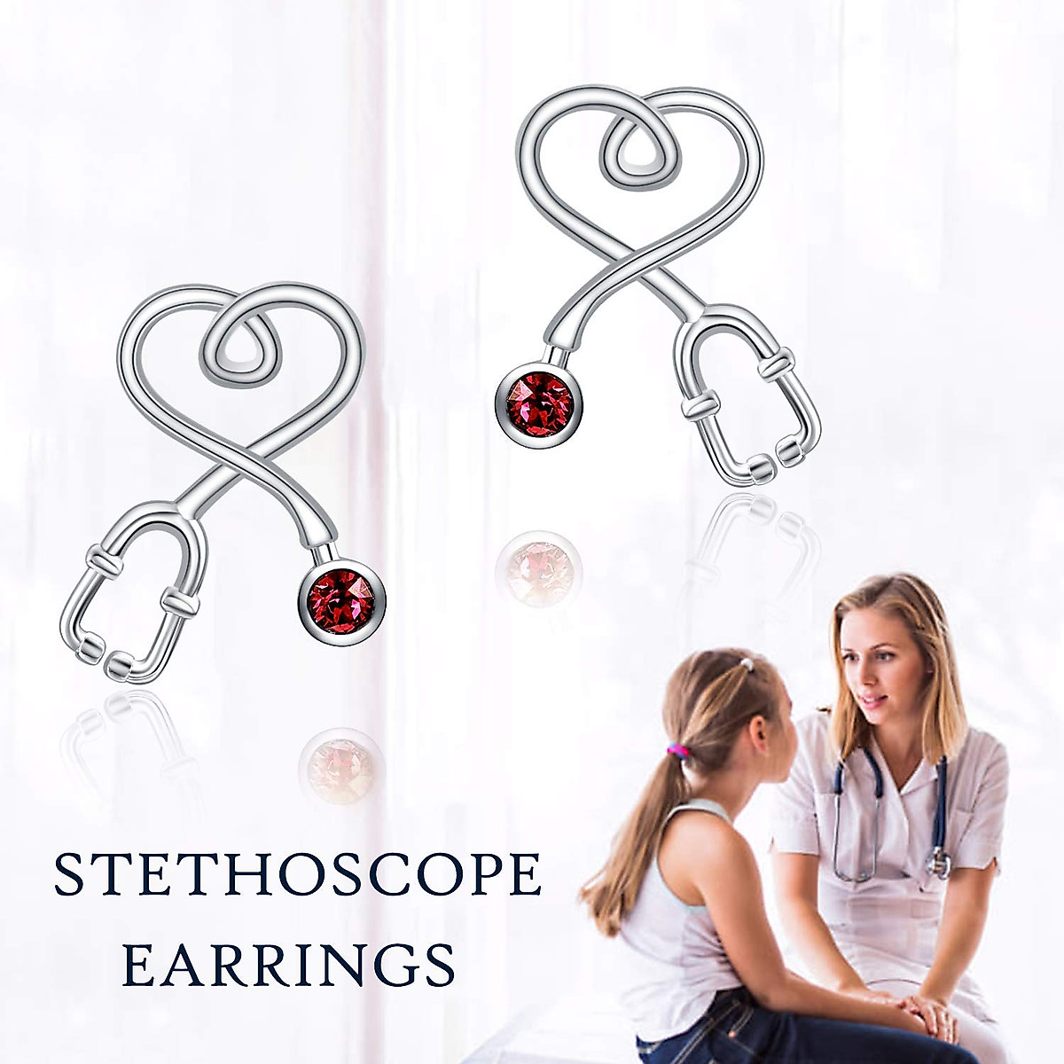 Stethoscope Earrings 925 Sterling Silver Heart Studs Earrings 12 Months Birthstone Crystals from Austria, Graduation Jewelry Gifts for Nurse Doctor RN Medical Student