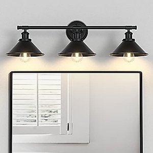 Licperron 3-Light Black Bathroom Vanity Light Fixtures Over Mirror, Farmhouse Vanity Wall Sconce Lighting with Metal Shade, Indoor Wall Mounted Lamp for Bathroom Mirror Cabinet Living Room