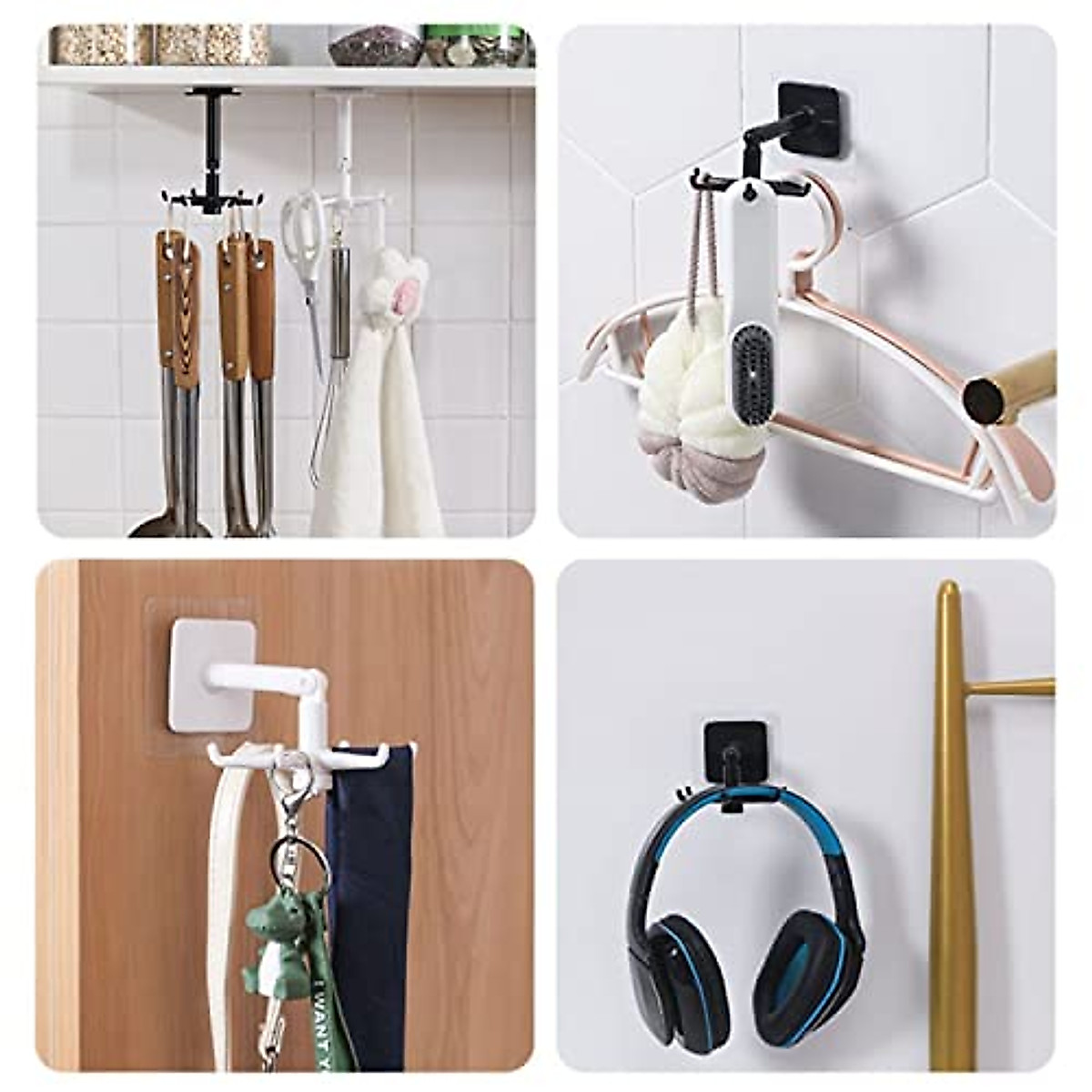 4 Pieces 360° Rotating Folding Hooks Multi-Purpose Hanging Utensil Holder Hook 180 Degrees Vertical Flip Self-Adhesive Hook Utensil Rack with 6 Hooks for Kitchen Bathroom Cabinet Towel Black, White