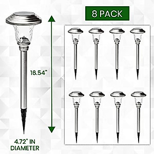 Signature Garden Solar Garden Lights - Auto On/Off Outdoor Bright Solar Pathway Lights - All-Weather/Waterproof Outdoor Solar Lights for Yard, Garden, or Driveway (8-Pack, Stainless Steel Silver)