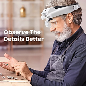 Elikliv Headband Magnifying Glass with Light 1X to 14X, Rechargeable Handsfree Head Mount Magnifier, 6 Detachable Lens Visor Loupe Tool for Close Work Reading Jewelry Craft Repair Cross Stitch