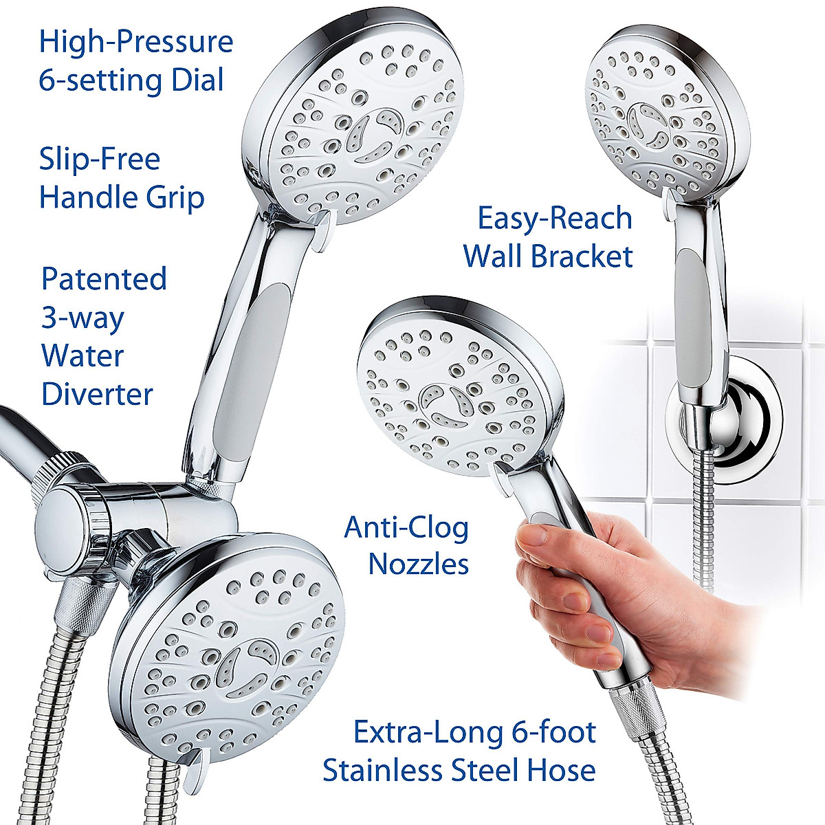 AquaSpa High Pressure 48-mode Luxury 3-way Combo – Dual Rain & Handheld Shower Head – Extra Long 6 Foot Stainless Steel Hose – Anti Slip Grip – All Chrome Finish – Extra Wall Bracket