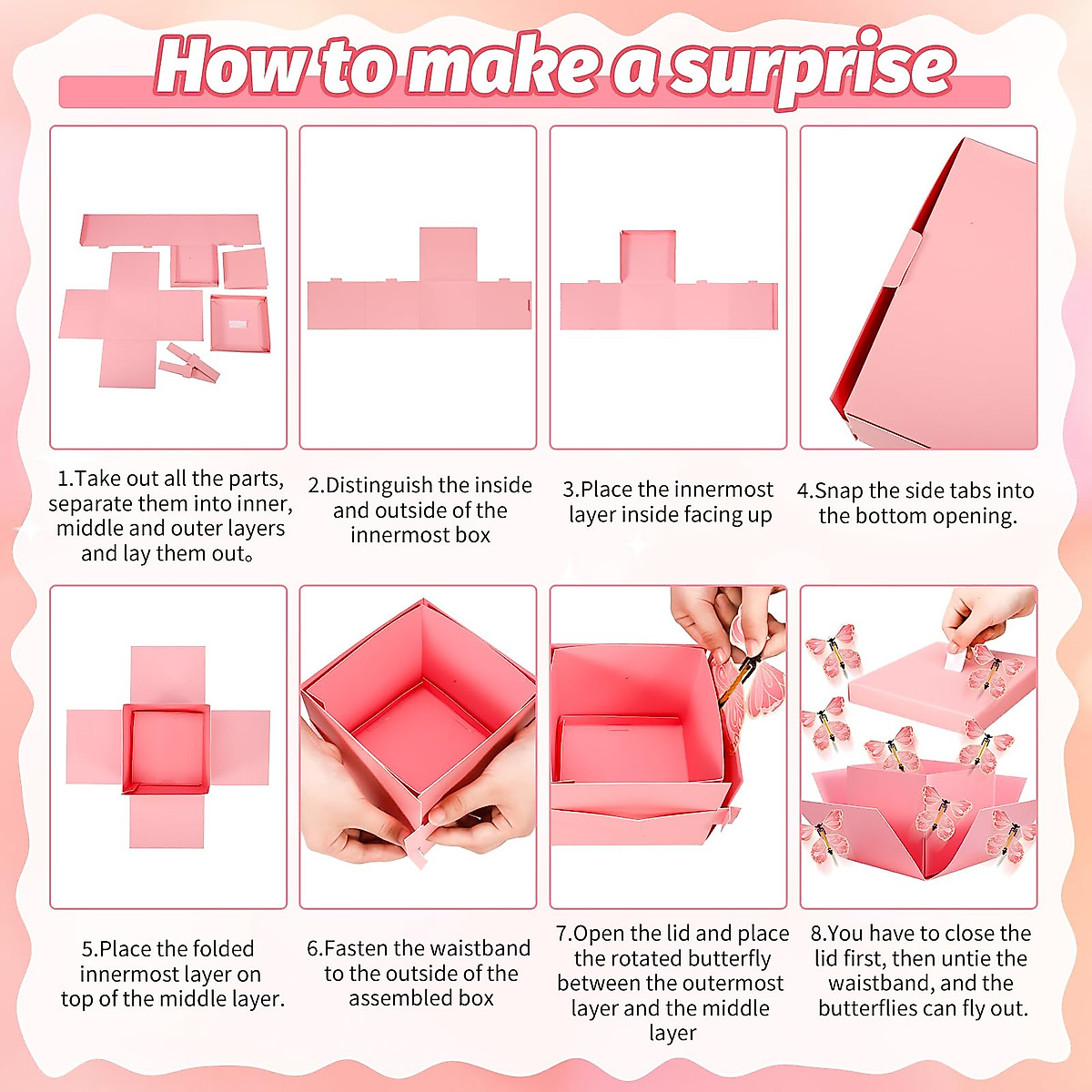 XLSXEXCL Butterfly Explosion Gift Box, Flying Butterfly Surprise Box, Exploding Butterfly Birthday Box with 8 Pcs Flying Butterfly Toy for Birthday, Wedding, Anniversaries, Christmas (Pink)