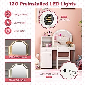 HONEY JOY Kids Vanity Set with Lighted Mirror, 2 in 1 Princess Toddler Dressing Table w/Open Storage Shelves & Drawer, Wooden Makeup Table & Chair Set, Pretend Play Vanity Set for Little Girls, White