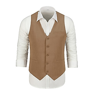 Furuyal Men Linen Beach Wedding Suits Casual Linen 2 Piece Suit Mens Summer Wedding Suits Groomsmen Tuxedos Prom Formal Outfit Vest+Pant Khaki-M