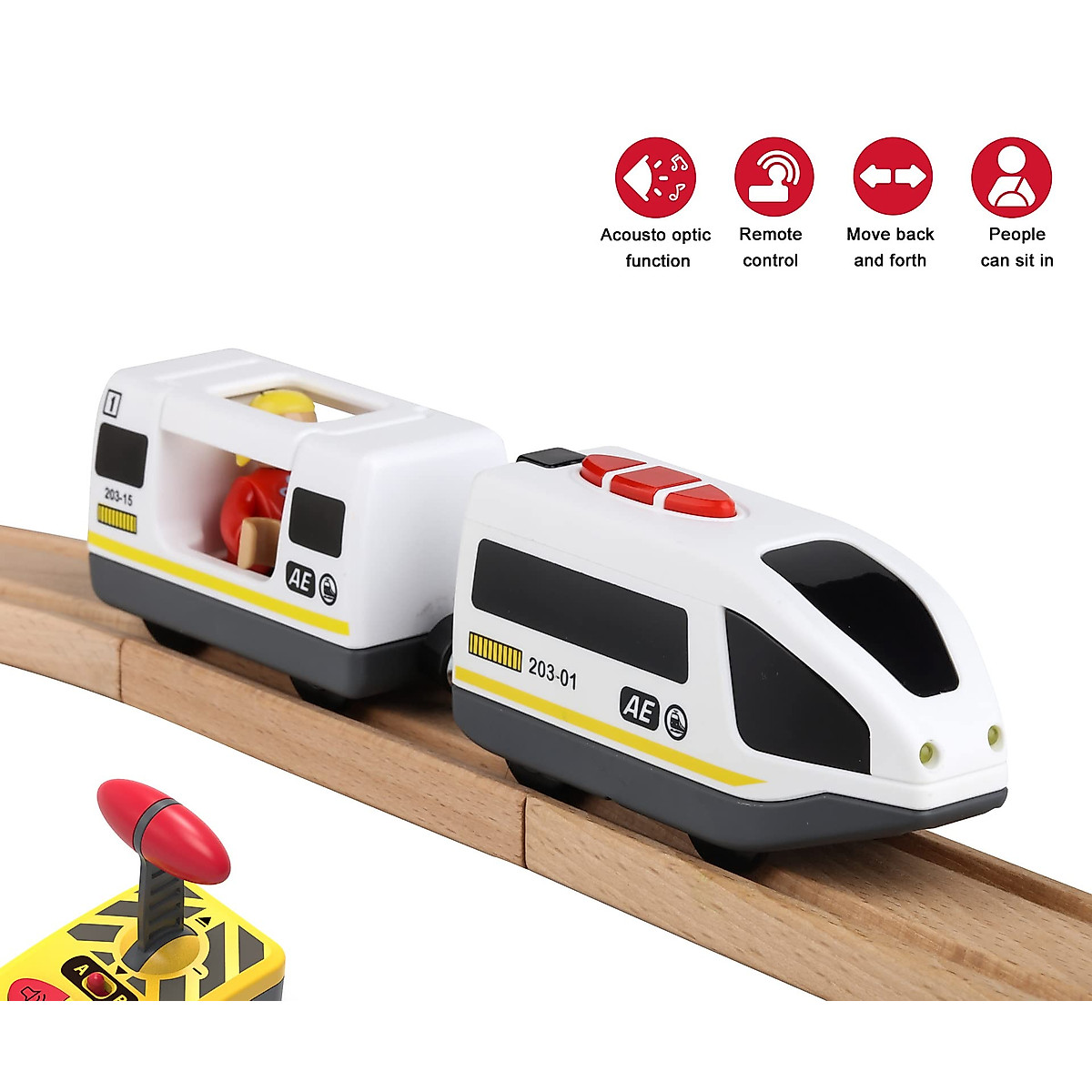 Wooden Train Set Accessories Battery Operated Locomotive Train, Remote Control Train Vehicles for Wood Tracks, Powerful Engine Train Cars Fits All Major Brands of Railway System (Battery Not Included)