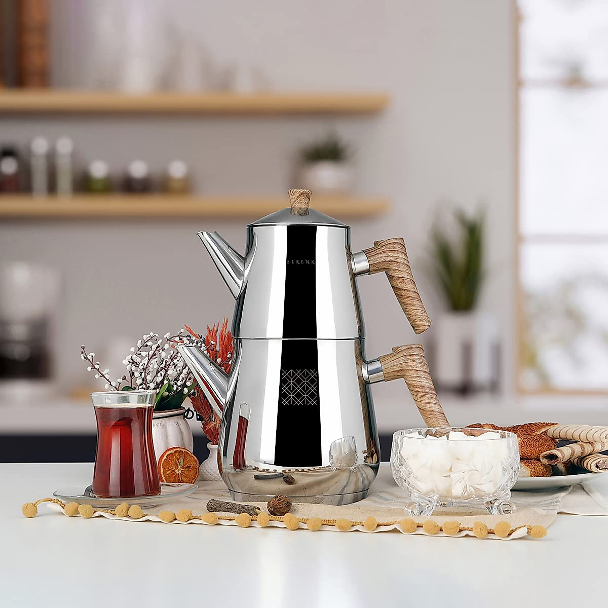 Serenk Stainless Steel Turkish Teapot Set, Stovetop Tea Maker with Induction Base, Non Slip Bakelite Handles, Dishwasher Safe, 2 Lids, 3 qt, 101 oz Black (Black)