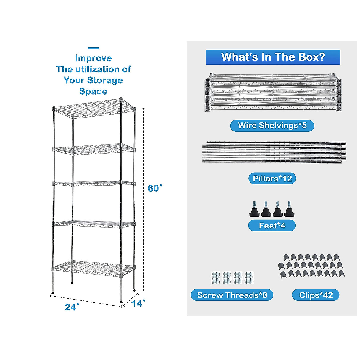 5-Tier Metal Wire Shelving Unit Tall Shelf Storage Rack NSF Certified Storage Shelves 500 Lbs Capacity Standing Utility Shelf for Laundry Kitchen Pantry Garage Organization Snack Shelf
