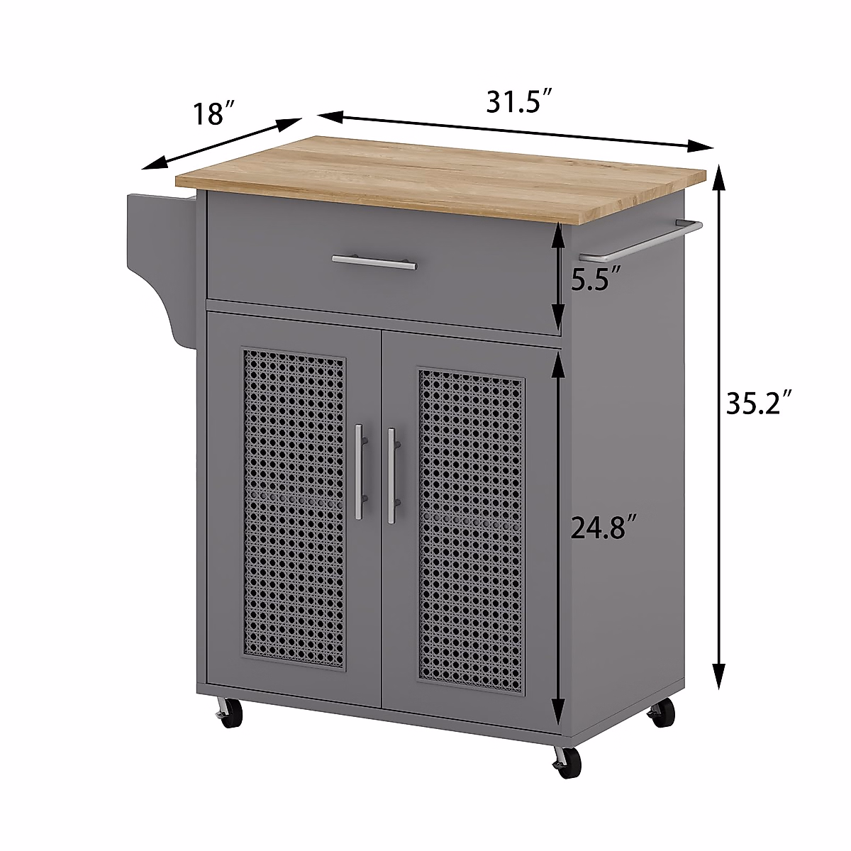 Tornama Kitchen Island with Storage, Rolling Kitchen Island on Wheels with Solid Wood Countertop, White Kitchen Island Cart with Rattan Storage Cabinet, Spice Rack, Towel Rack and Drawers