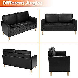 AILEEKISS 57'' Modern Loveseat Sofa Mid-Century Faux Leather 2-Seat Sofa Couch Upholstered Love Seats with Pillows for Living Room, Bedroom, Office, Small Space (Black 02)