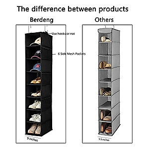 Berdeng Hanging Shoe Organizer for Closet with Side Mesh Pockets，Hat Racks for Baseball Caps，Shoe and Hat Holder & Storage，8-Shelf，Black，1 pack