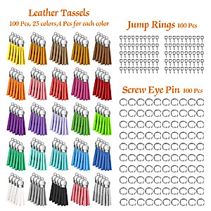 Keychain Tassels Jewelry Key Charms - 300pcs Keychain Tassels Bulk, 100pcs Key Chain Tassles, 100pcs Jump Rings, 100pcs Screw Eye Pins Hooks, Leather Tassels for Jewelry Making Crafts (Colorful)