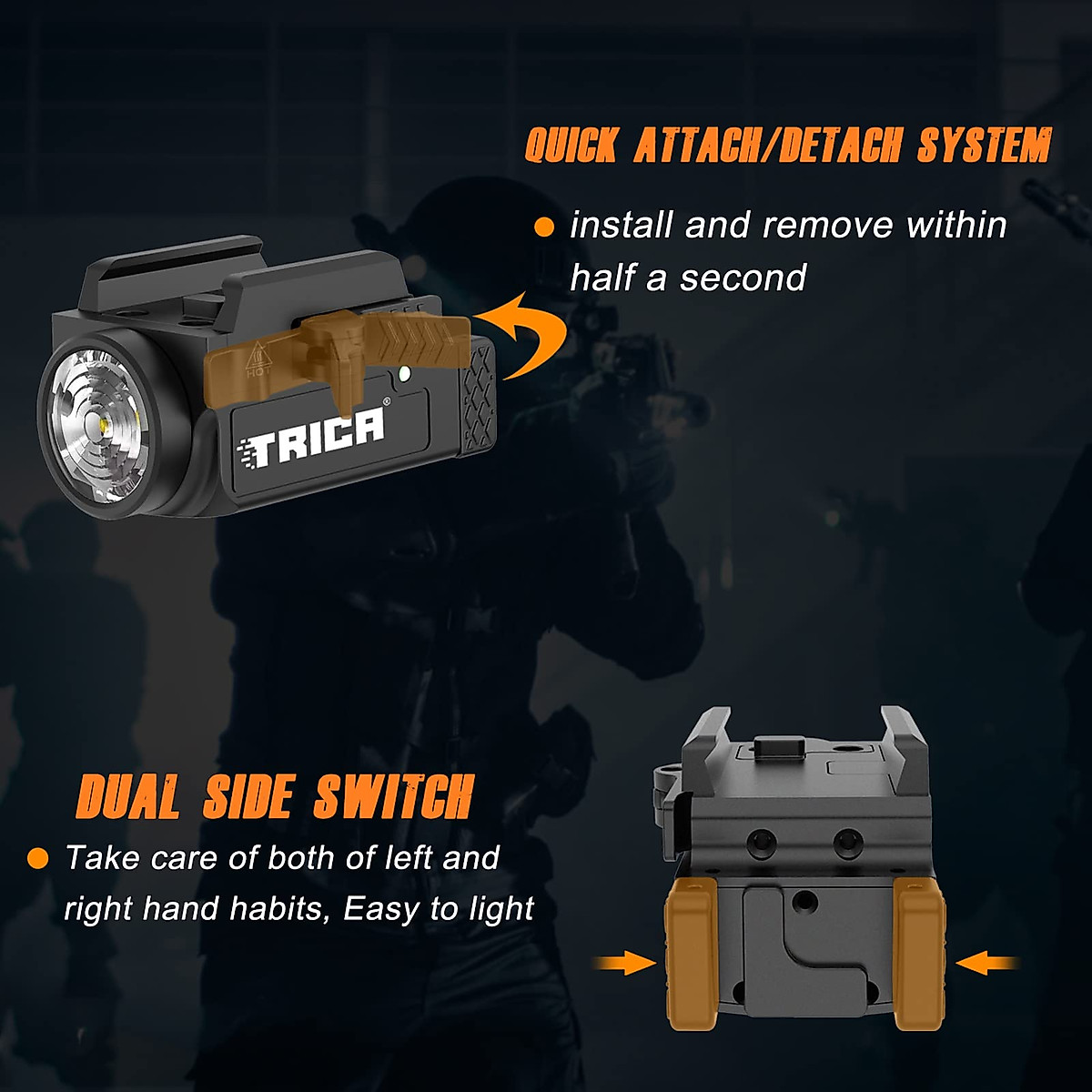 trica 800 Lumen Mini Pistol Light LED Compact Strobe Tactical Gun Flashlight, USB Rechargeable Rail-Mounte Weapon Light for Pistol Quick Release Light with 1913 or GL Rail, Built-in Battery (Black)