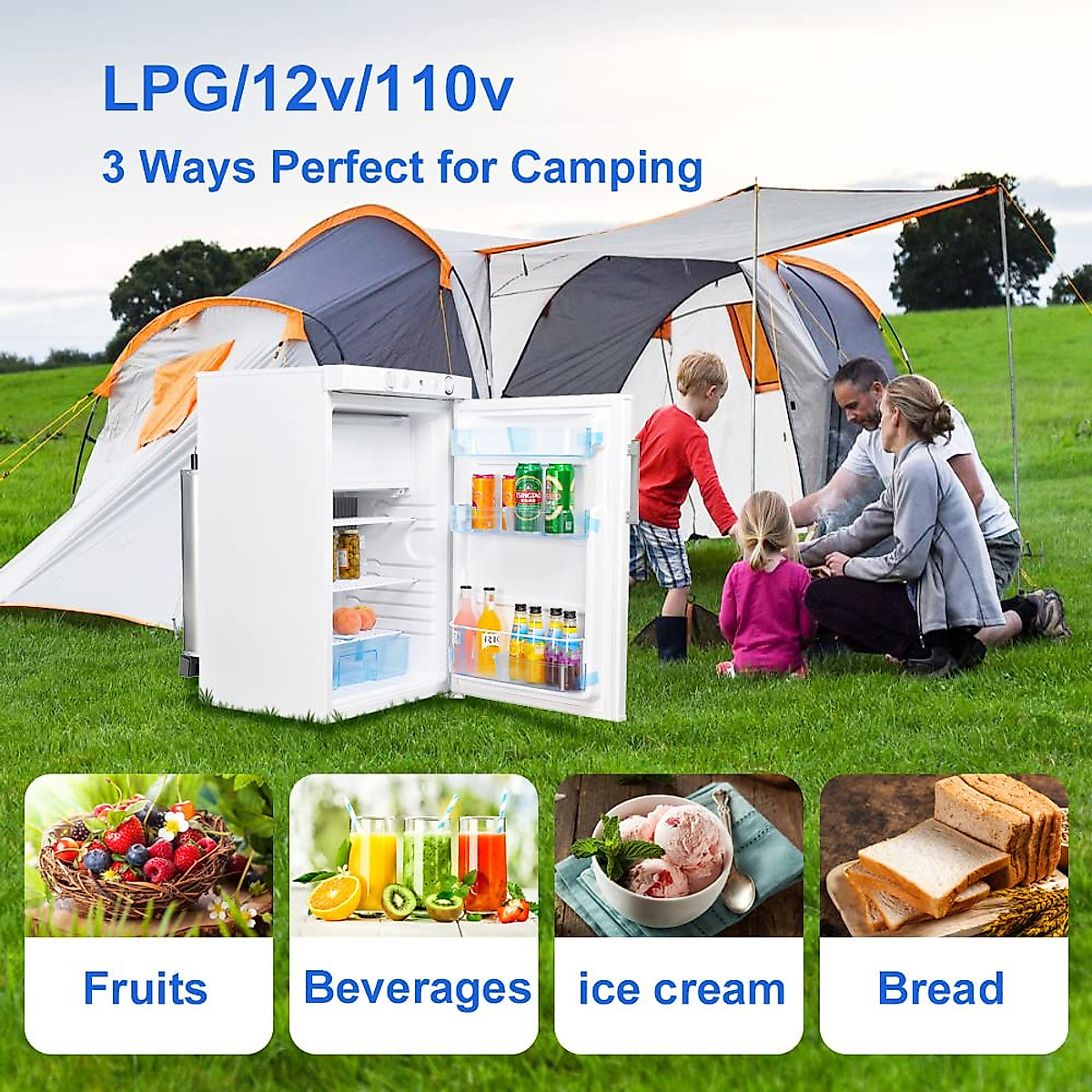 SMETA RV Propane Refrigerator with Freezer, 3.5 Cu.Ft Camping Fridge, 12V/110V/LPG, Compact 3 Way Garage Refrigerators Off Grid for Camper Travel Cabin Truck Patio, White